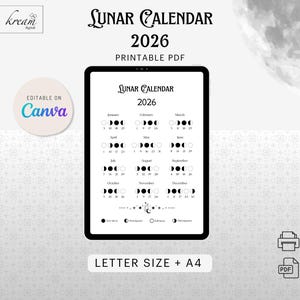 Lunar Calendar 2026 Printable - Moon Phases Calendar | Single Page A4 ...