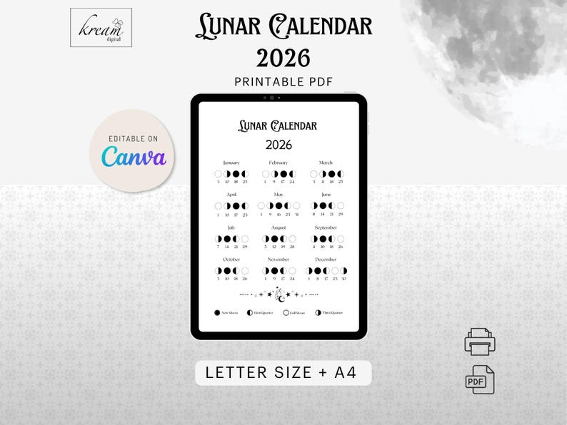 Lunar Calendar 2026 Printable - Moon Phases Calendar | Single Page A4 ...