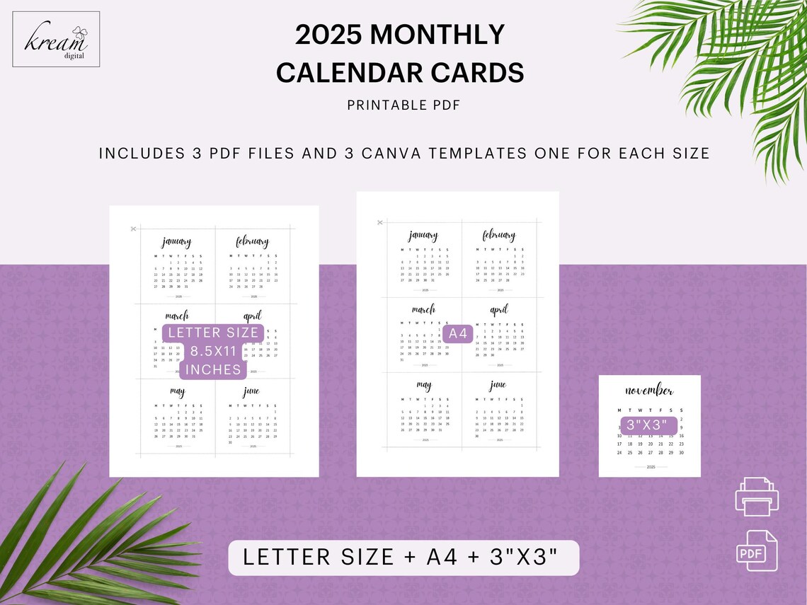3x3 Monthly Calendar Cards | 2025 Planner Cards | Editable on Canva ...