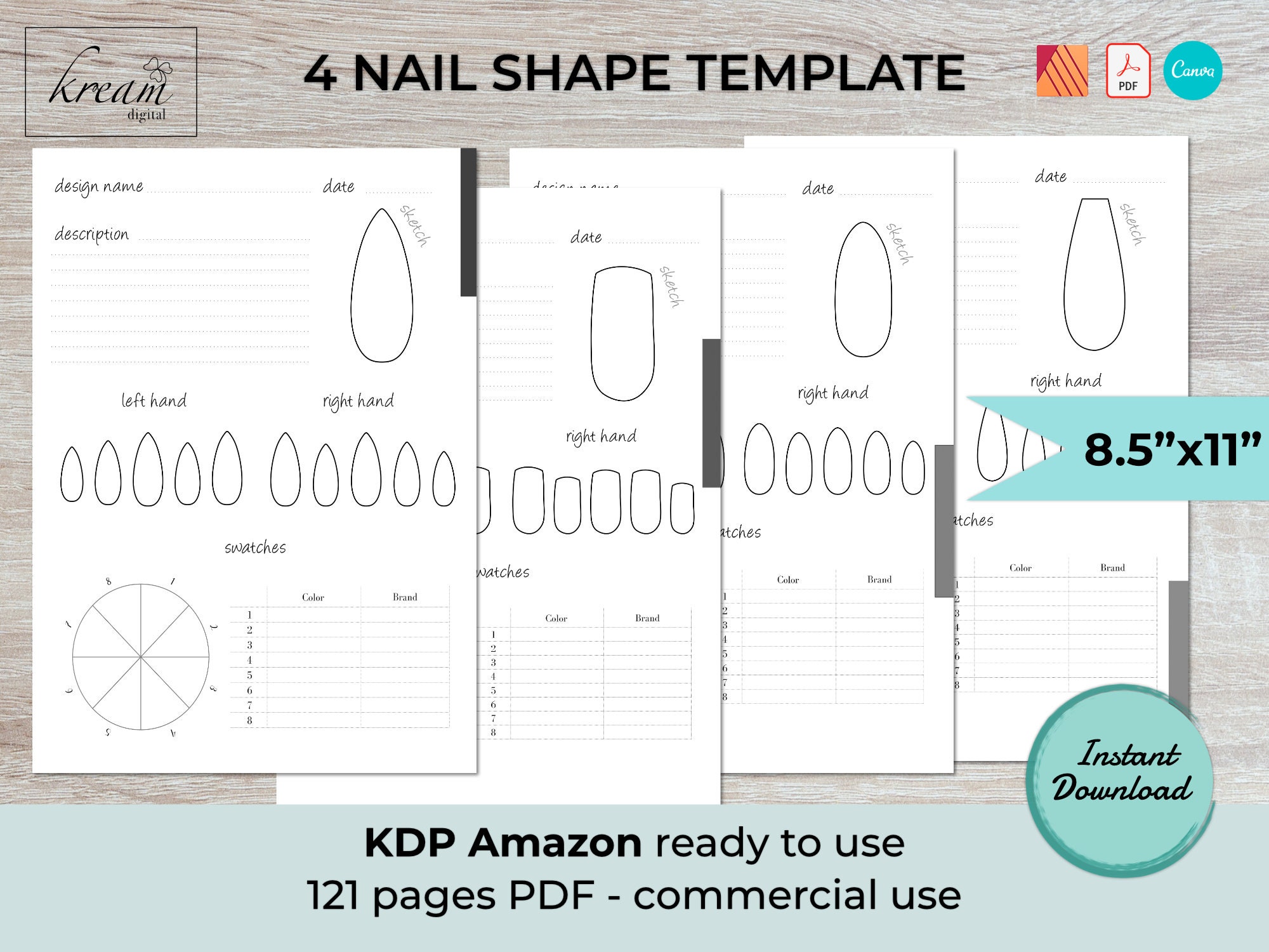 Nail Design Sketchbook Interior CANVA | PDF 121 Pages Amazon KDP Ready ...