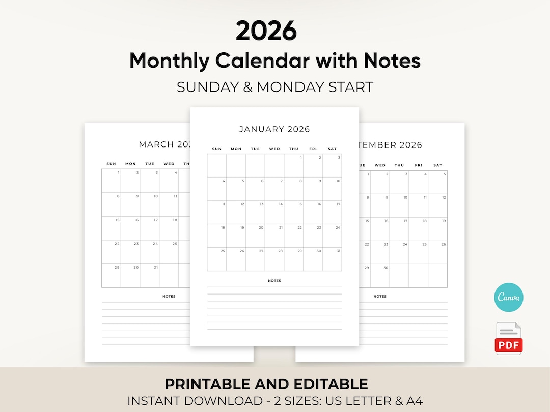 2026 Monthly Calendar Canva Template | A4 Letter Size Printable Planner ...