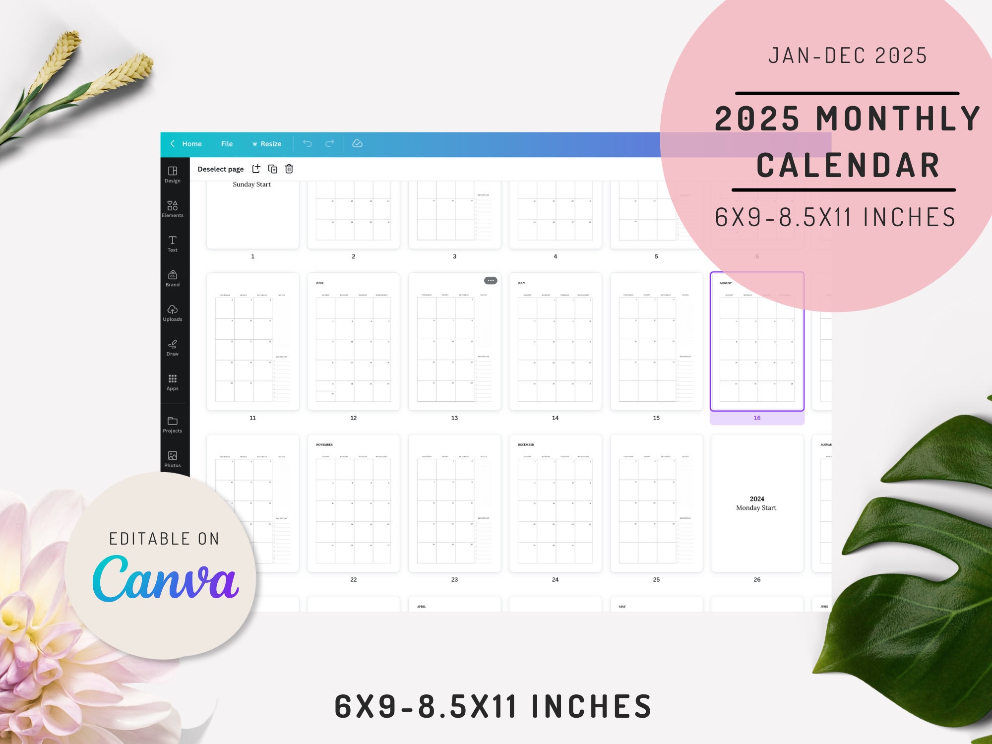 CANVA 2025 Monthly Templates | 2 Pages for a Month | Sunday-monday ...