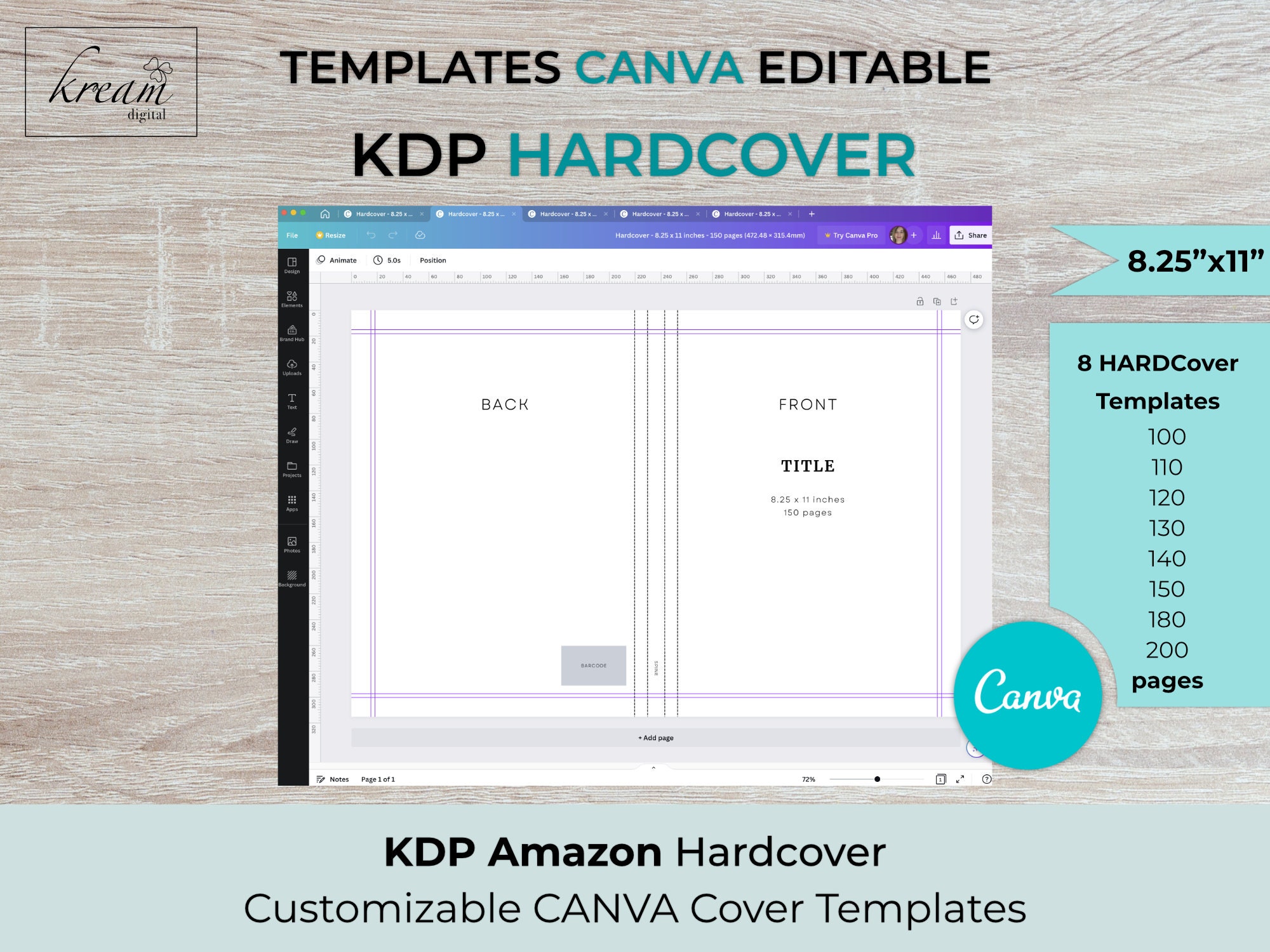 CANVA KDP Hardcover Templates 8.25x11 for 100, 110, 120, 130, 140, 150 ...