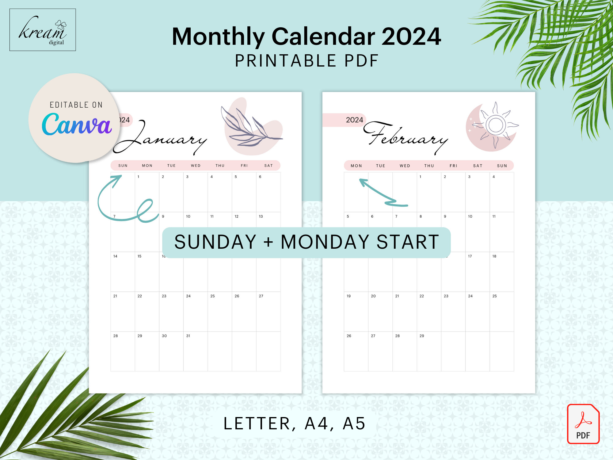 Monthly Calendar 2024, Canva Editable, Printable, Letter, A4, A5, Boho ...