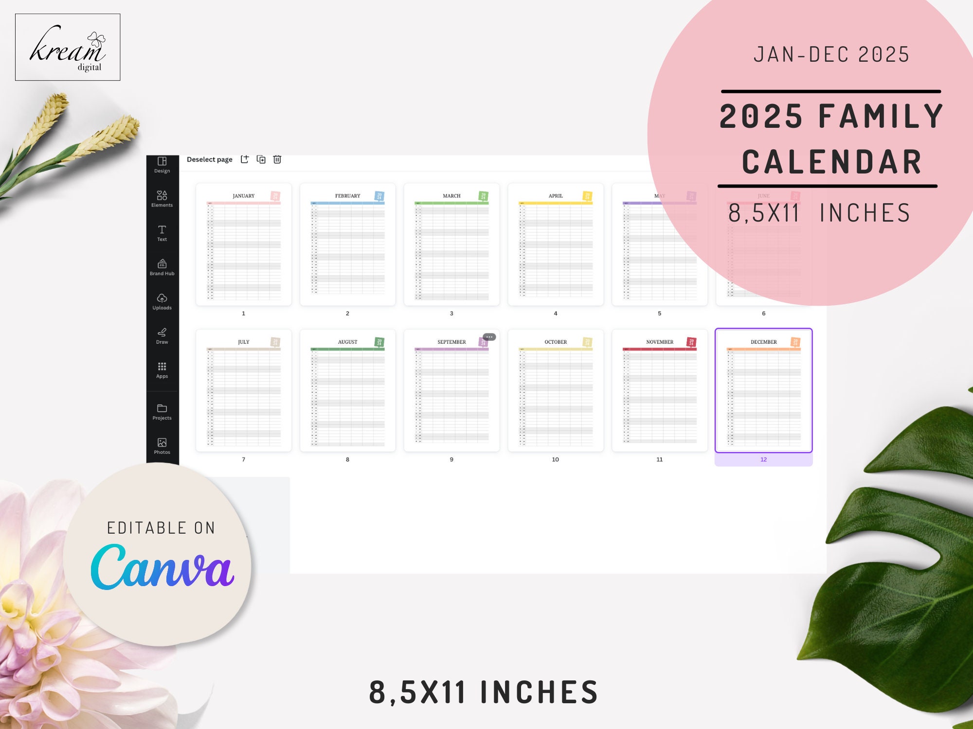 Monthly Family Calendar 2025, Canva Editable, Printable, Letter Size, 4 ...