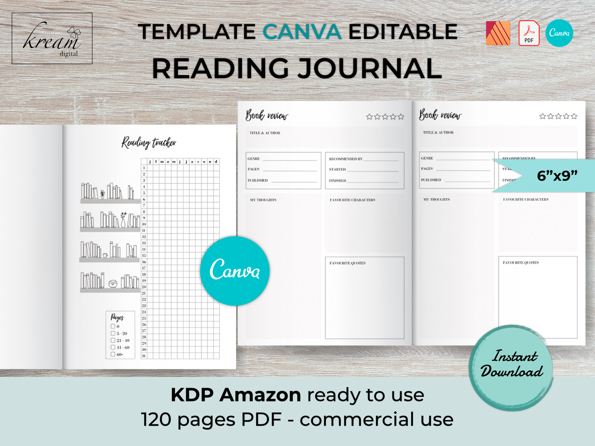 CANVA Reading Journal Template 69 Inches 120 Pages KDP - Etsy