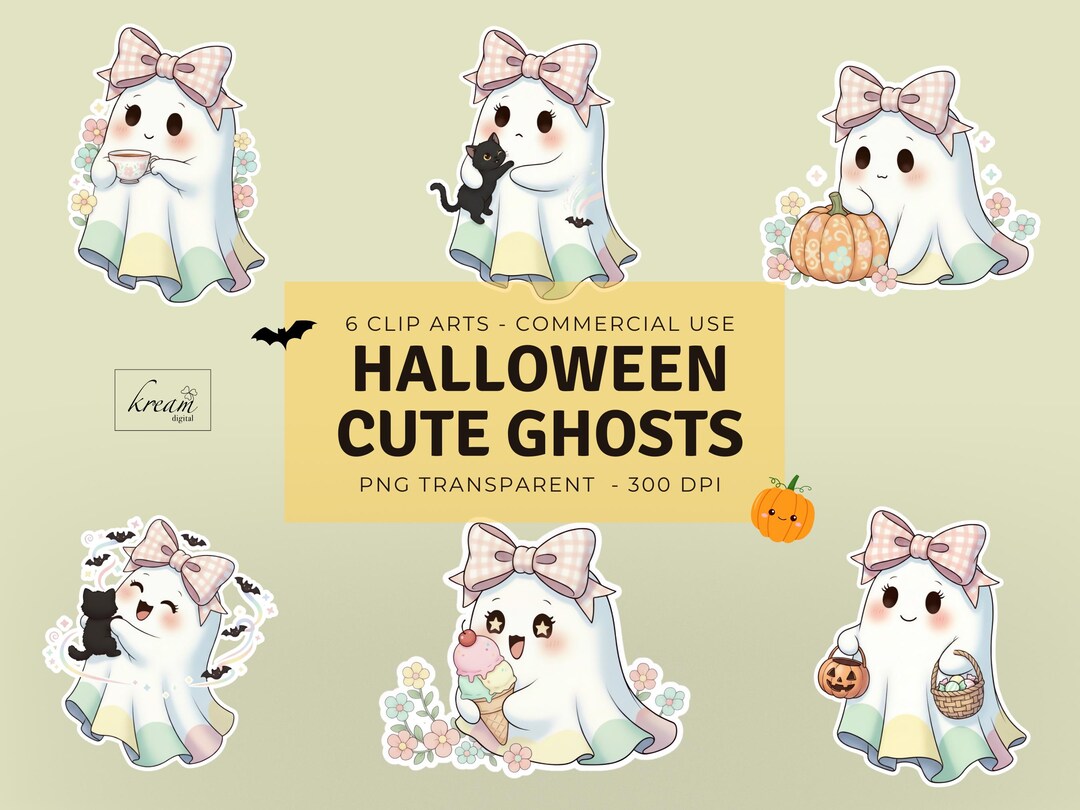 Halloween Cute Ghost Clipart Bundle – 6 Kawaii Ghost PNG, Halloween ...