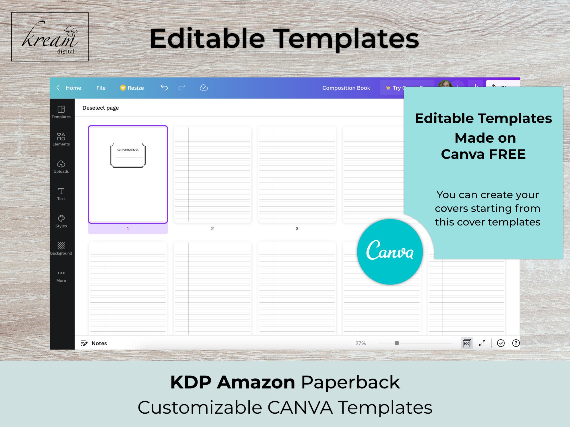 CANVA KDP Composition Book With Cover Templates for 100, 120, 130, 140 ...