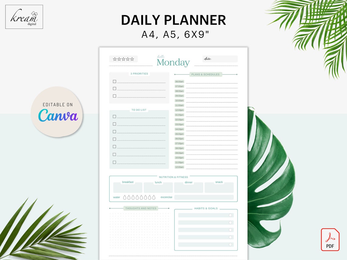 CANVA Template Daily Planner | 7 Days | 6 Styles | Printable PDF | A4 ...