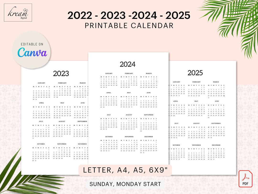 CANVA 2022, 2023, 2024, 2025 Template | Sunday and Monday Start ...