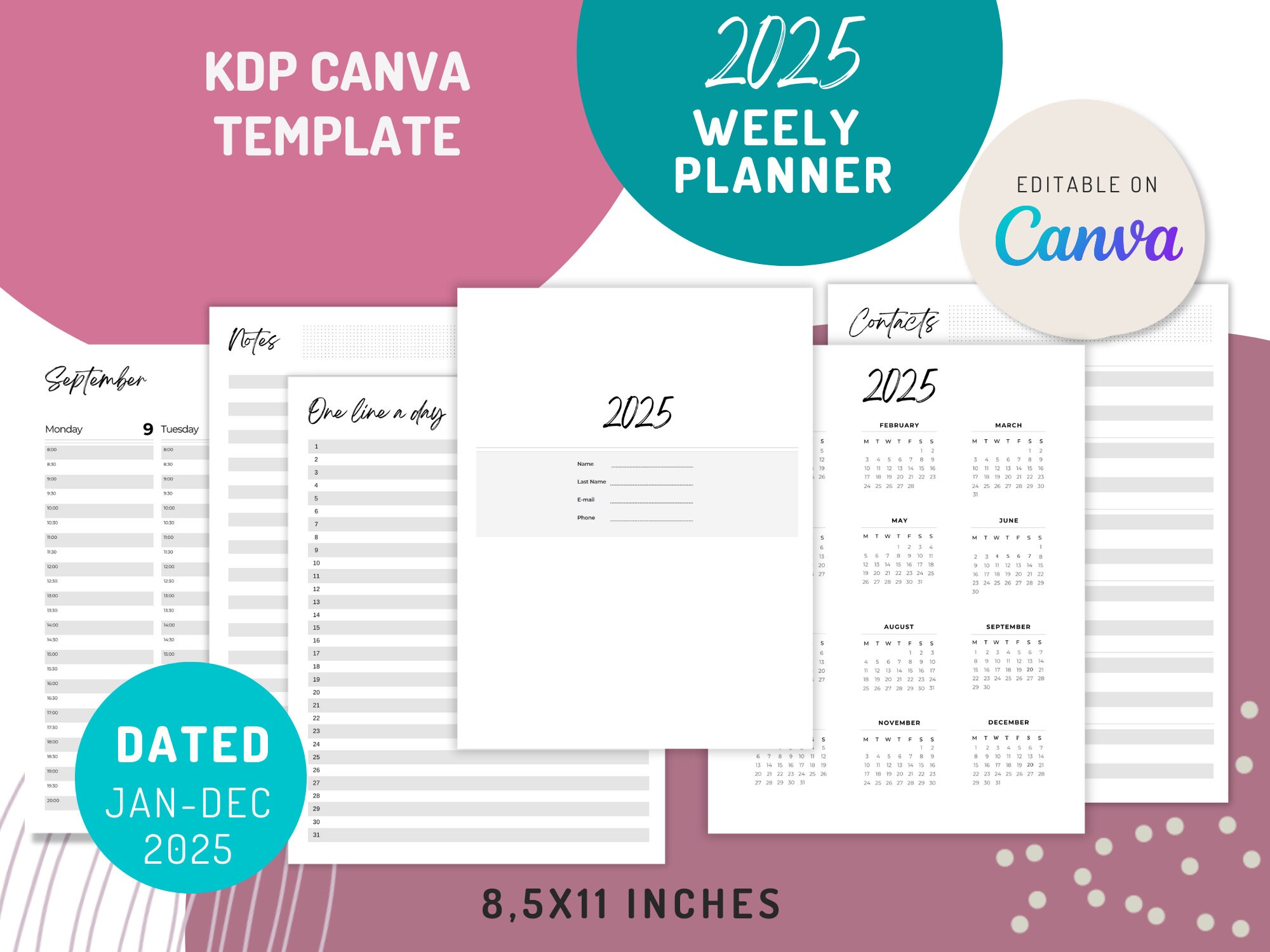 2025 Canva Planner | Dated Weekly Planner Templates | KDP Planner | 8 ...