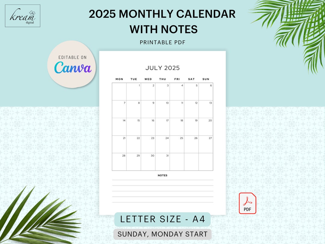 2025 Monthly Calendar With Notes, Canva Template, A4/letter Size ...