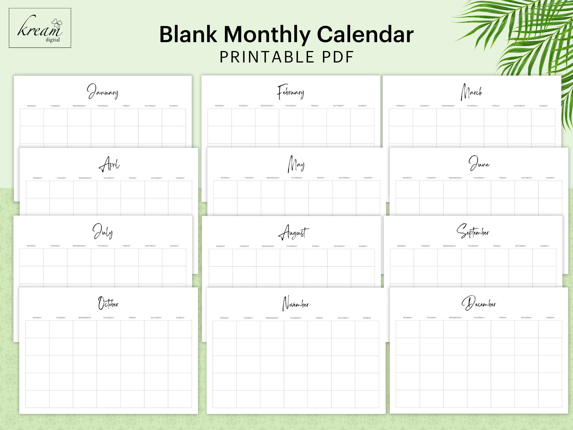 CANVA Blank Monthly Calendar Sunday and Monday Start Printable PDF A4 ...
