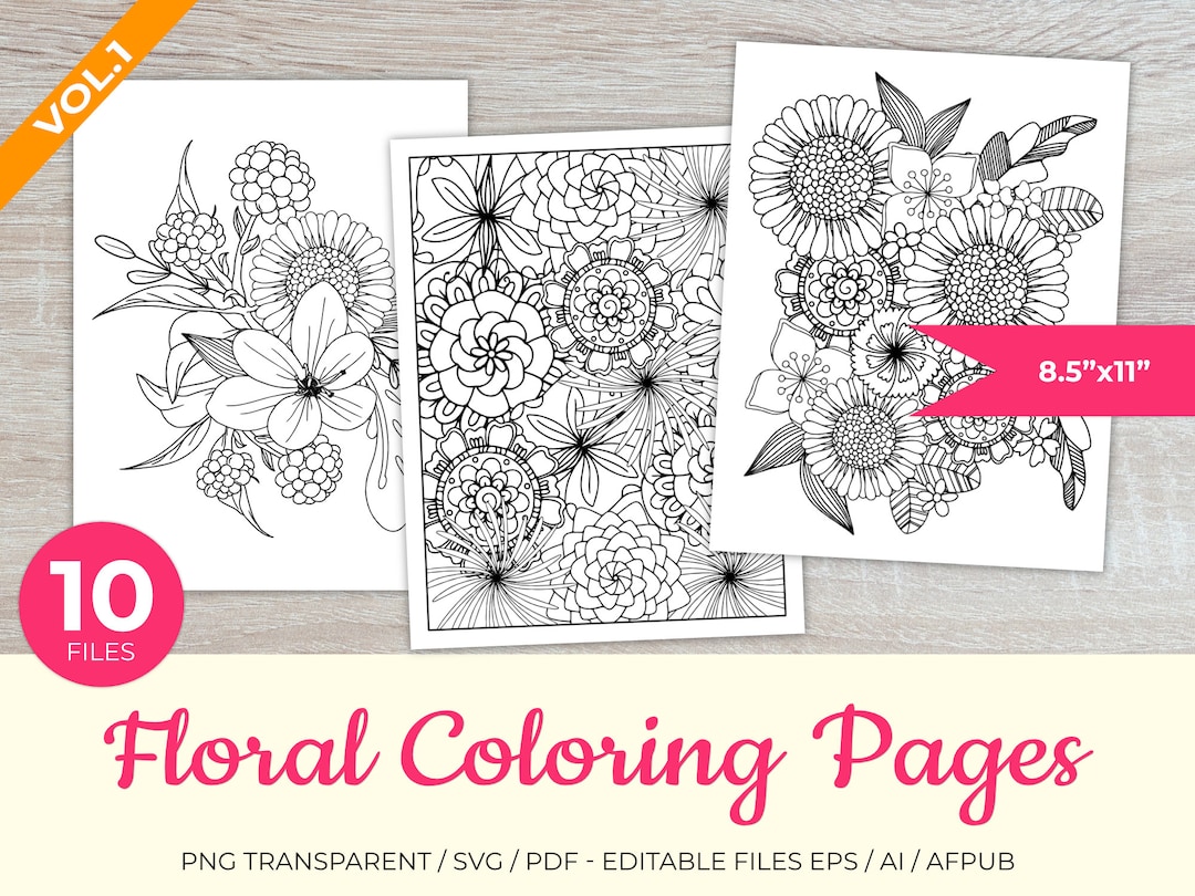10 Floral Coloring Pages - Etsy