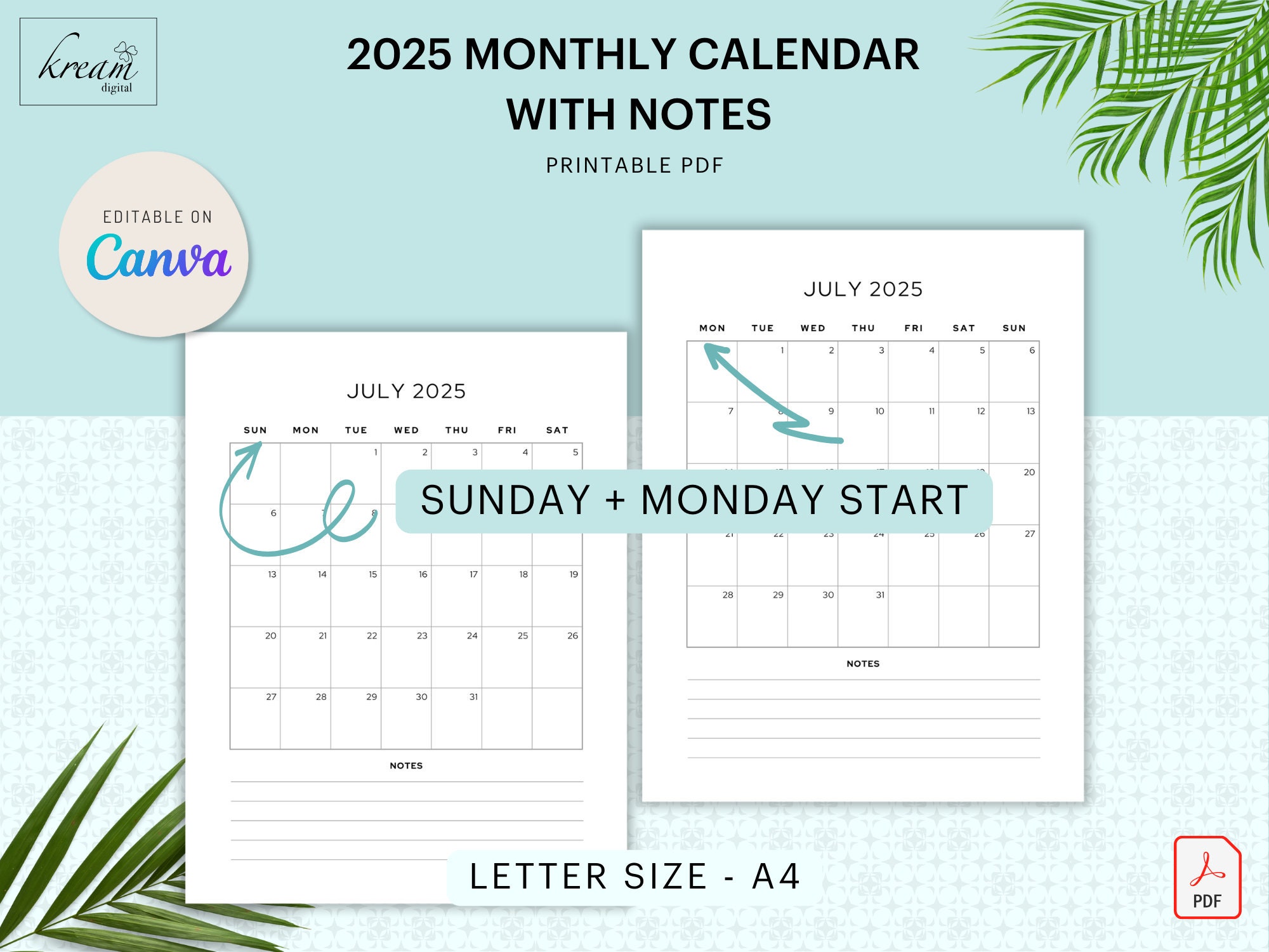 2025 Monthly Calendar With Notes, Canva Template, A4/letter Size ...