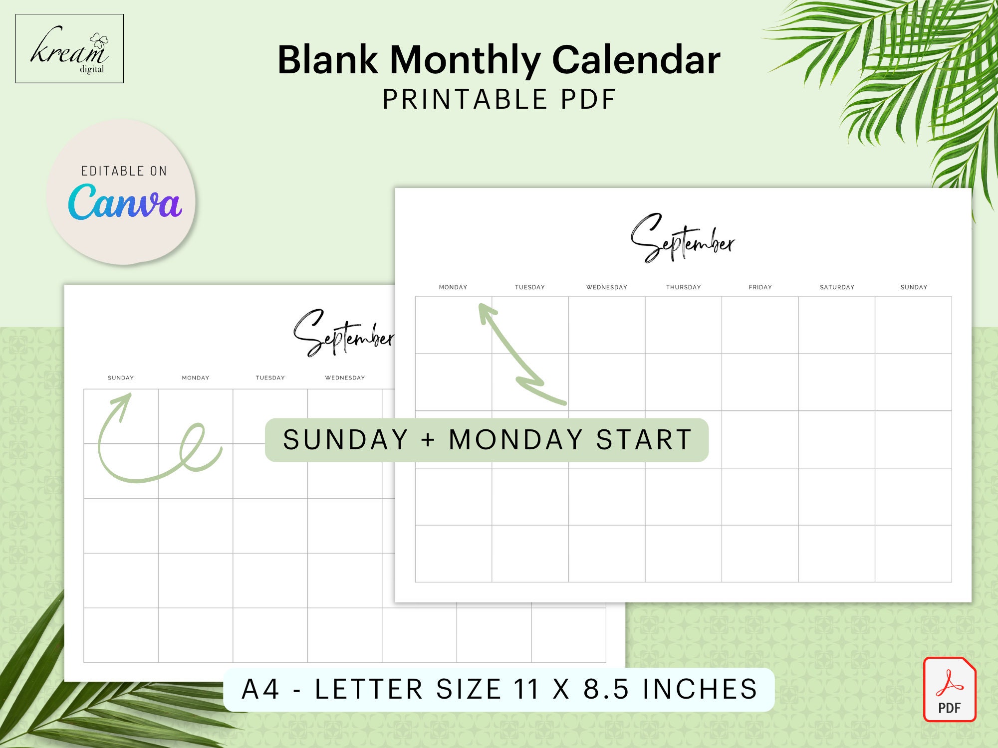 CANVA Blank Monthly Calendar Sunday and Monday Start Printable PDF A4 ...