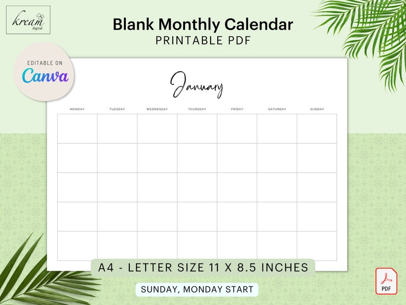 CANVA Blank Monthly Calendar | Sunday and Monday Start | Printable PDF ...