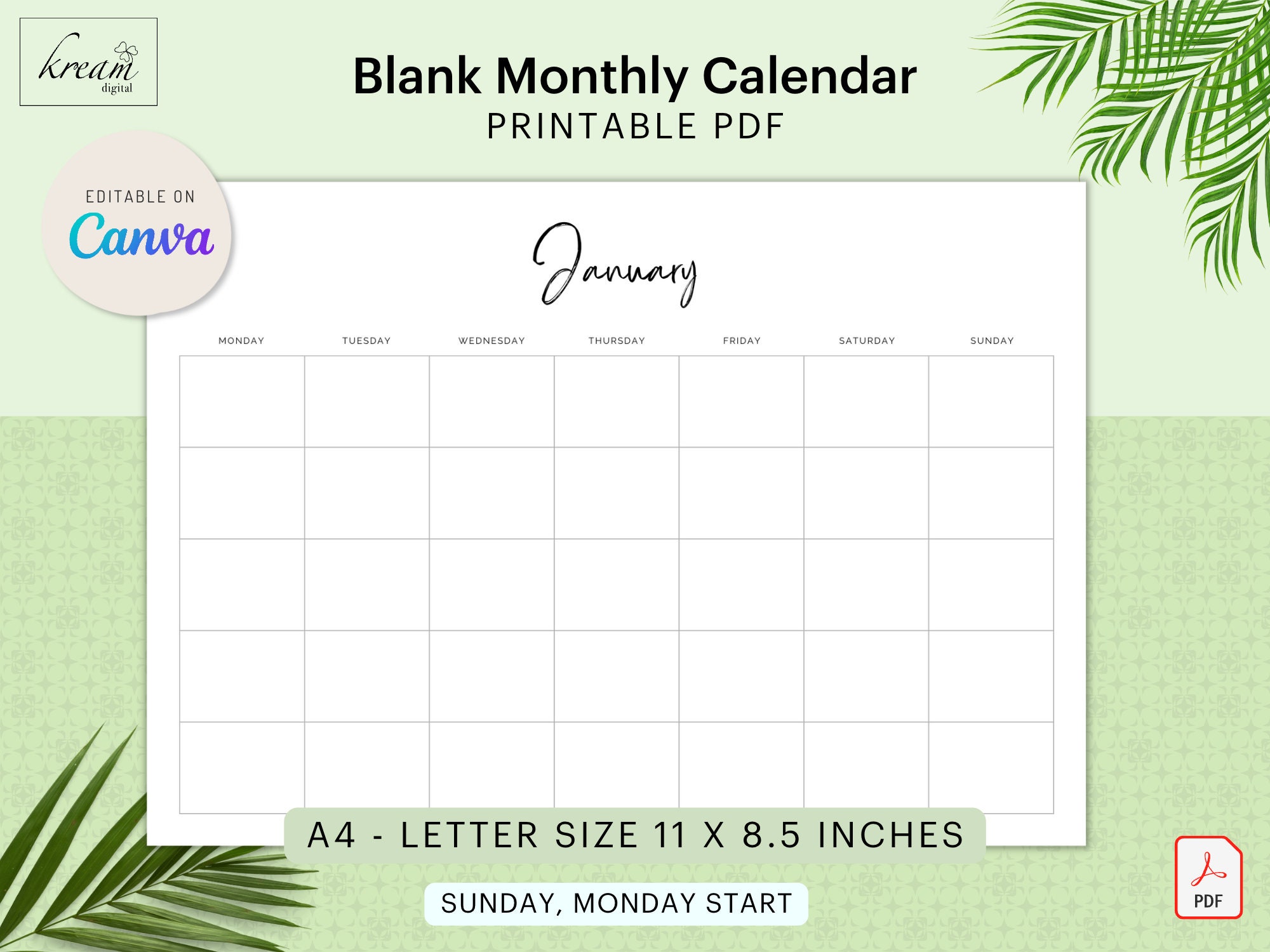 CANVA Blank Monthly Calendar Sunday and Monday Start Printable PDF A4 ...