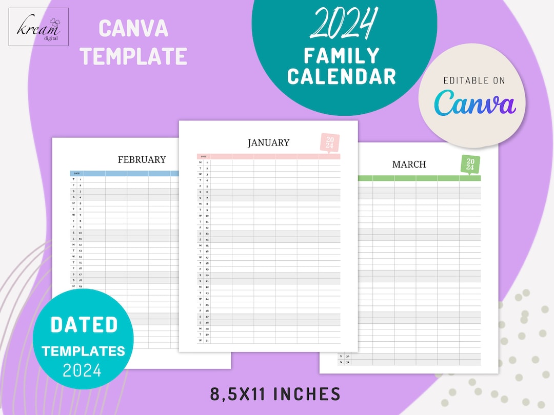 Monthly Family Calendar 2024, Canva Editable, Printable, Letter Size, 4 ...