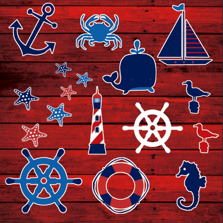 Scrapbook Nautical Blue and Red Digital Art - Etsy