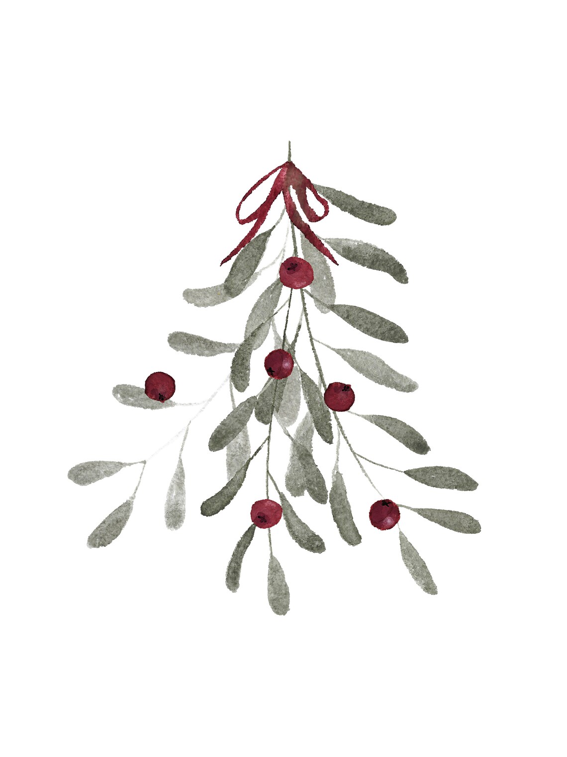Hand Painted Watercolor Mistletoe Holly Greenery Christmas Print ...