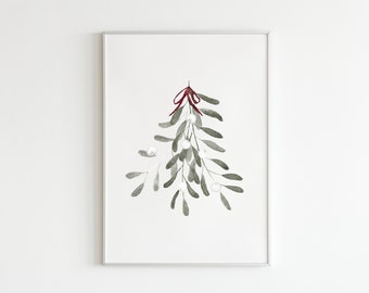 Hand Painted Watercolor Mistletoe Holly Greenery Christmas Print ...