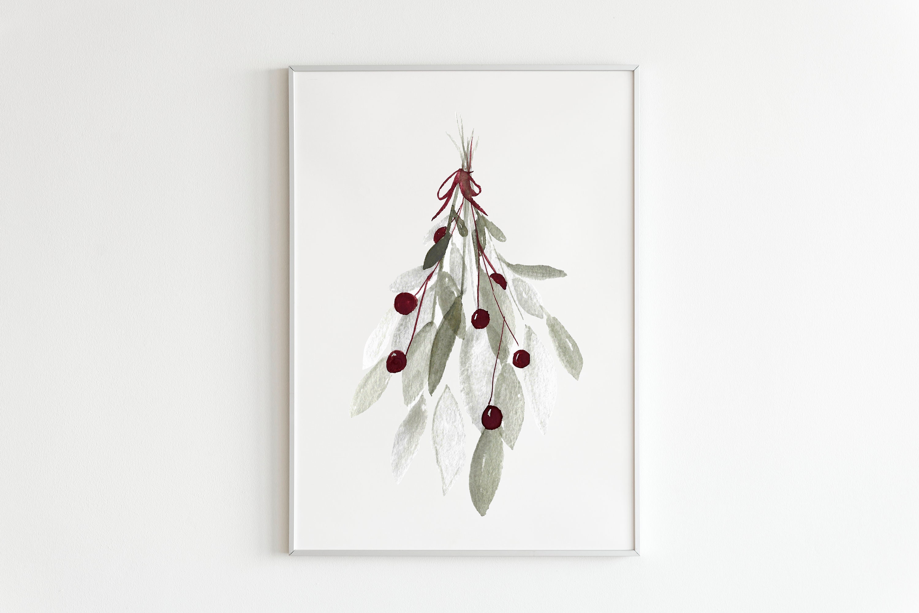 Hand Painted Watercolor Mistletoe Red Berry Greenery Christmas Print ...