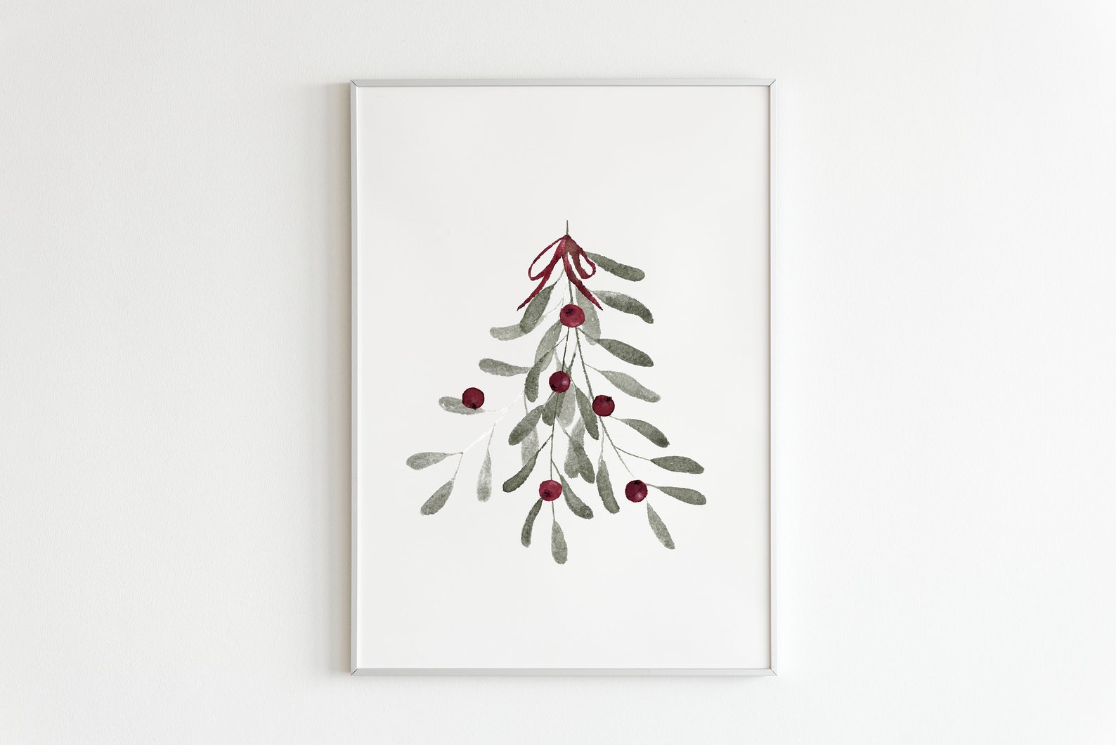 Hand Painted Watercolor Mistletoe Holly Greenery Christmas Print ...