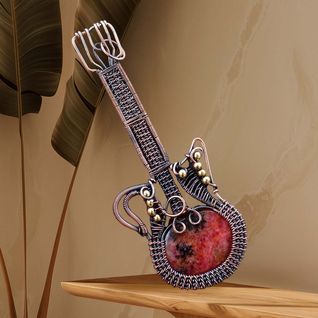 Rhodonite Pendant Copper Wire Wrapped Guitar Pendant Copper Pendant ...