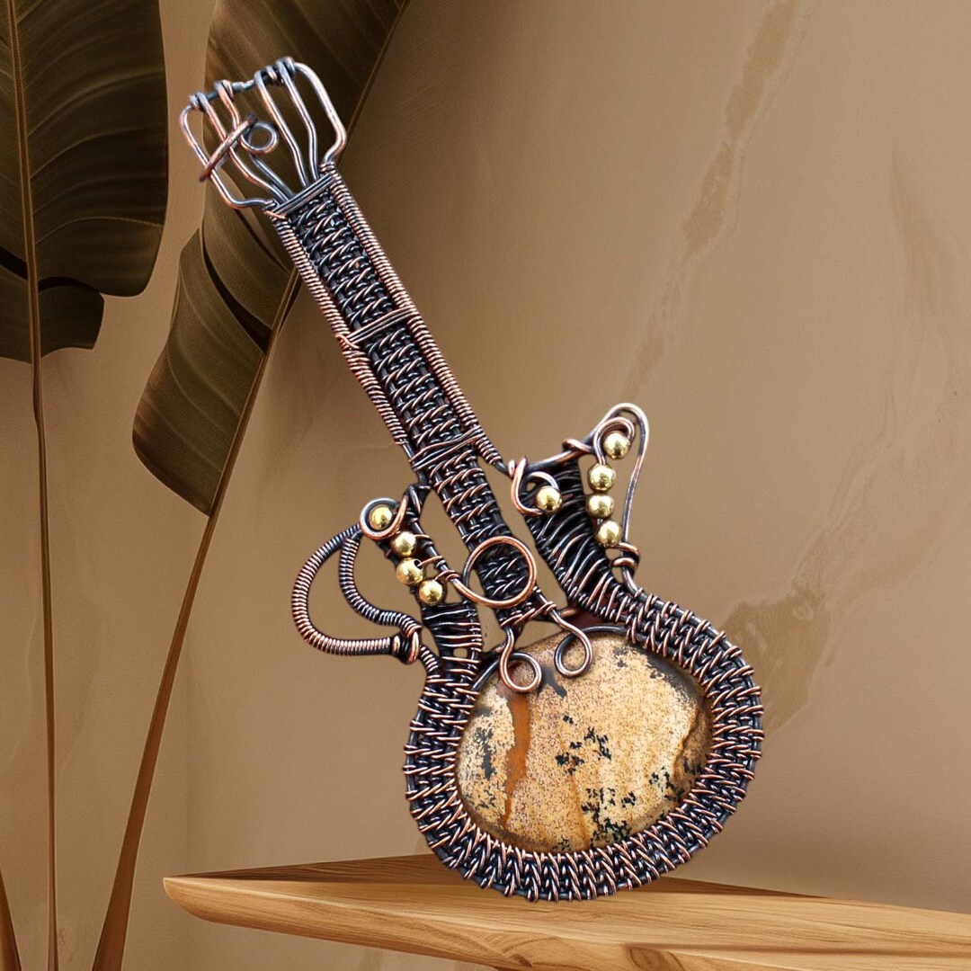 Picture Jasper Pendant Copper Wire Wrapped Guitar Pendant Gemstone ...