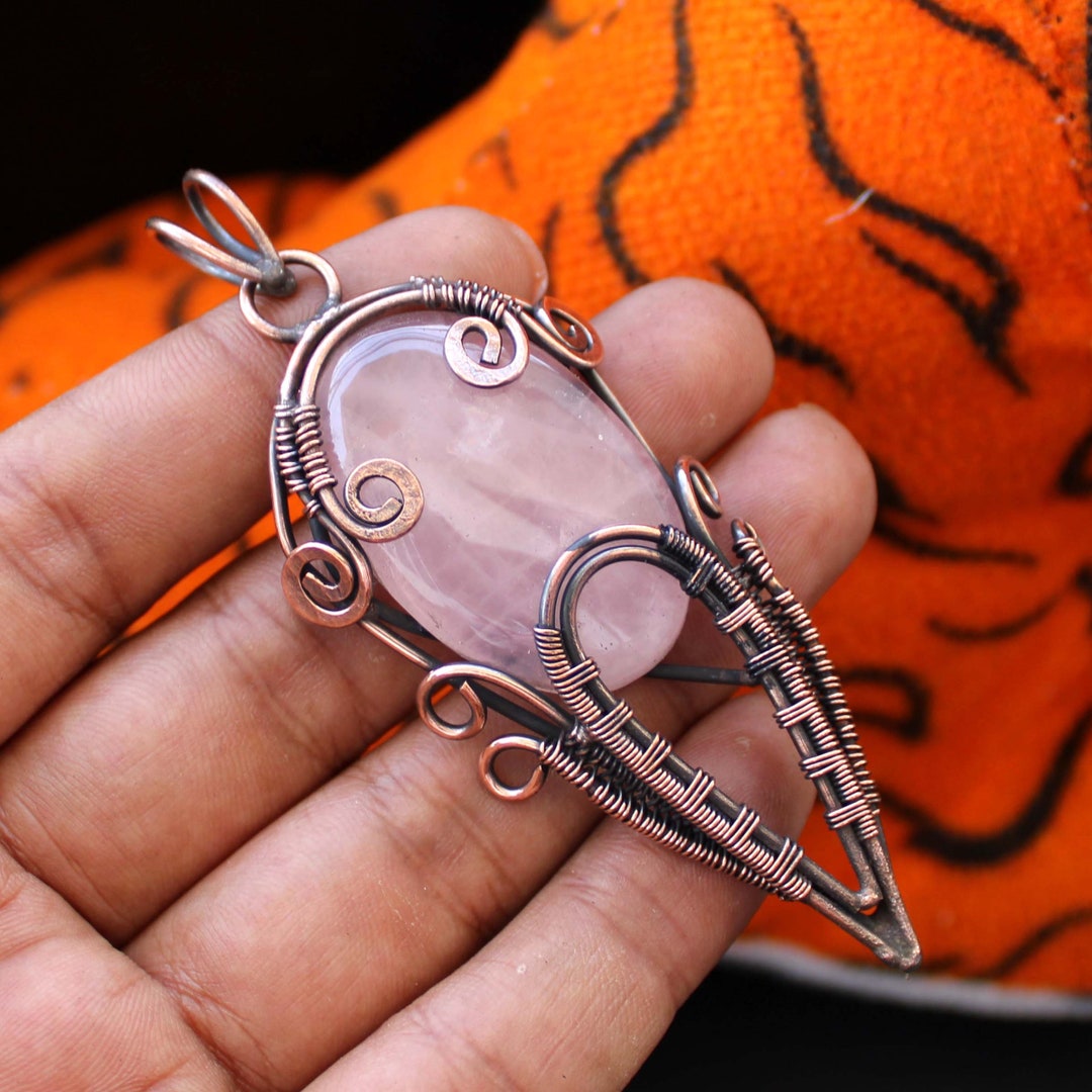 Rose Quartz Pendant Copper Wire Wrapped Pendant Handmade Pendant ...