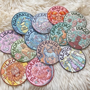 Zodiac Iron on Patch - 70s Art Nouveau Boho Embroidered Patches - Aries ...