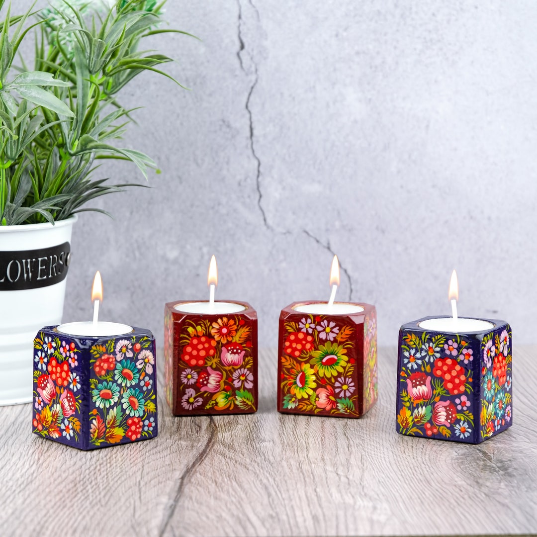 Table Wooden Candlestick for Tea Candles Petrykivka Painting ...