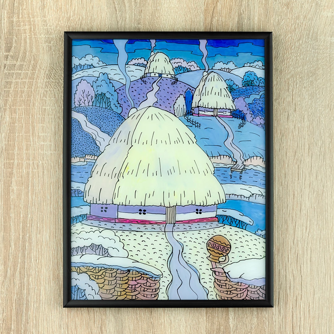 Winter Landscape of Ukrainian Nature, Painted With Oil Paints on Glass ...