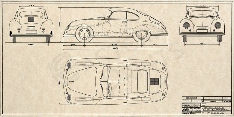 Classic Porsche 356/2 Stuttgart Coupe Blueprint Art Print - Etsy