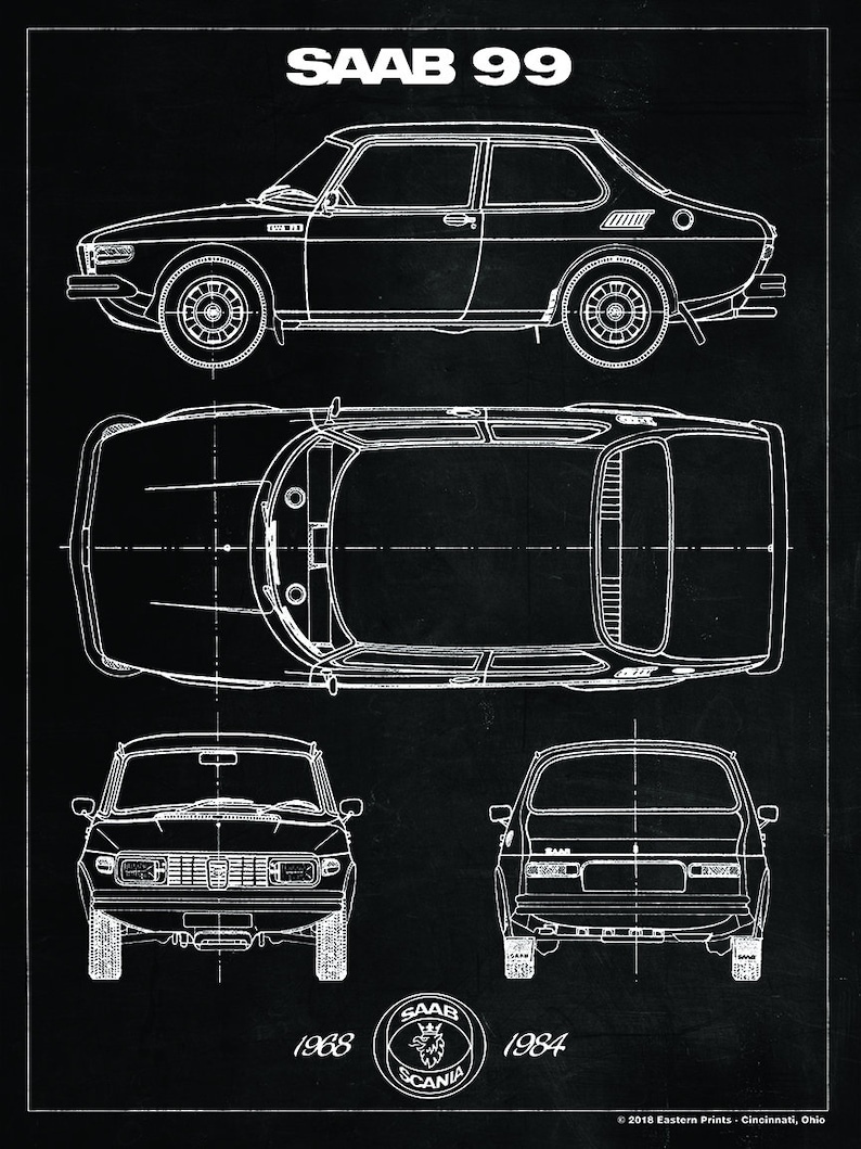 Vintage Saab 99 Blueprint Art Print #2 - Etsy