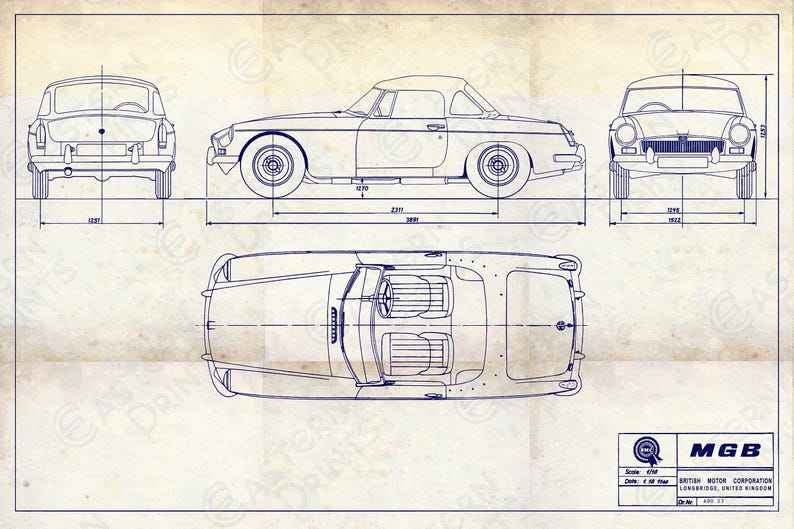 Classic MGB Roadster Blueprint Art Print - Etsy