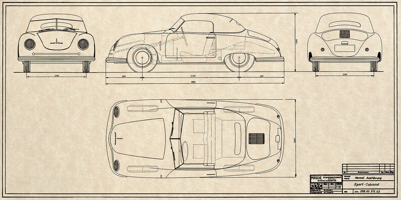 Classic Porsche 356/2 Gmünd Cabriolet Blueprint Art Print - Etsy