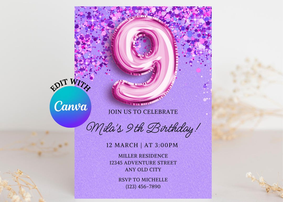 Editable Pink 9th Birthday Invitation, Template, Glitter Birthday Party ...