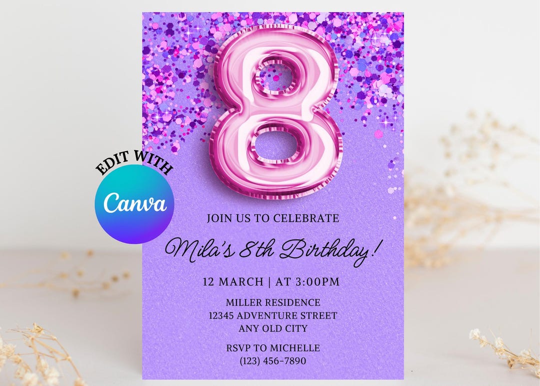 Editable Pink 8th Birthday Invitation, Template, Glitter Birthday Party ...