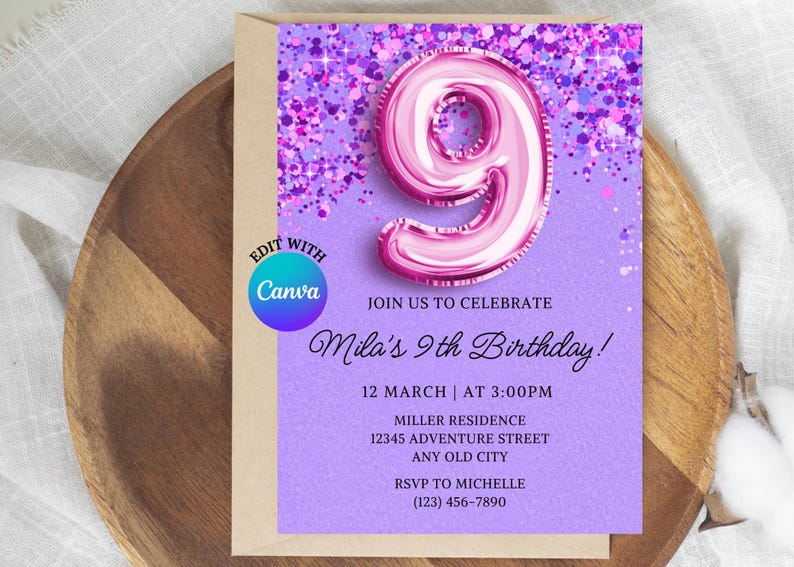 Editable Pink Glitter 9th Birthday Invitation (digital Download) - Etsy