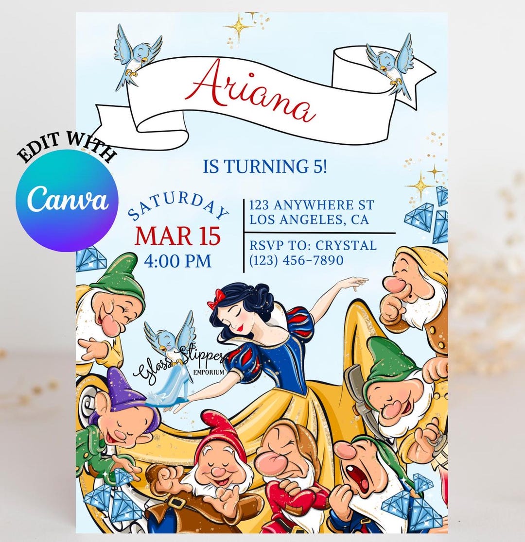 Snow White Birthday Party Invitation, Snow White Invitation, 7 Dwarfs ...