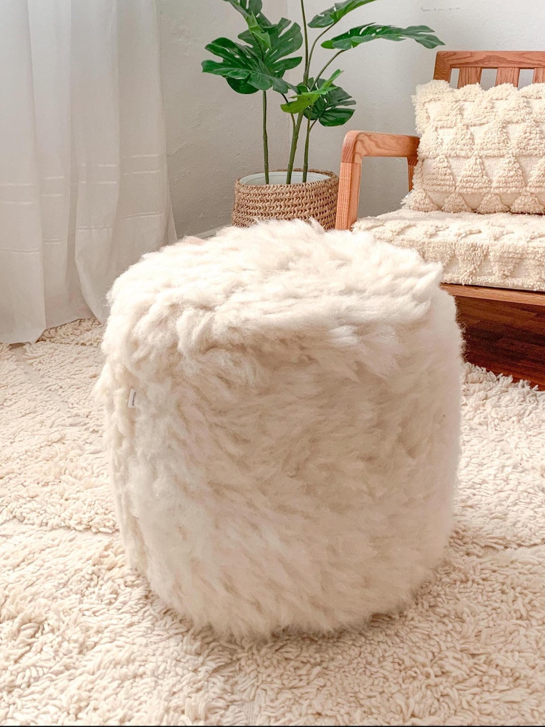 Sheep Skin Moroccan Kilim Pouf Ottoman – Handmade Round Footstool ...