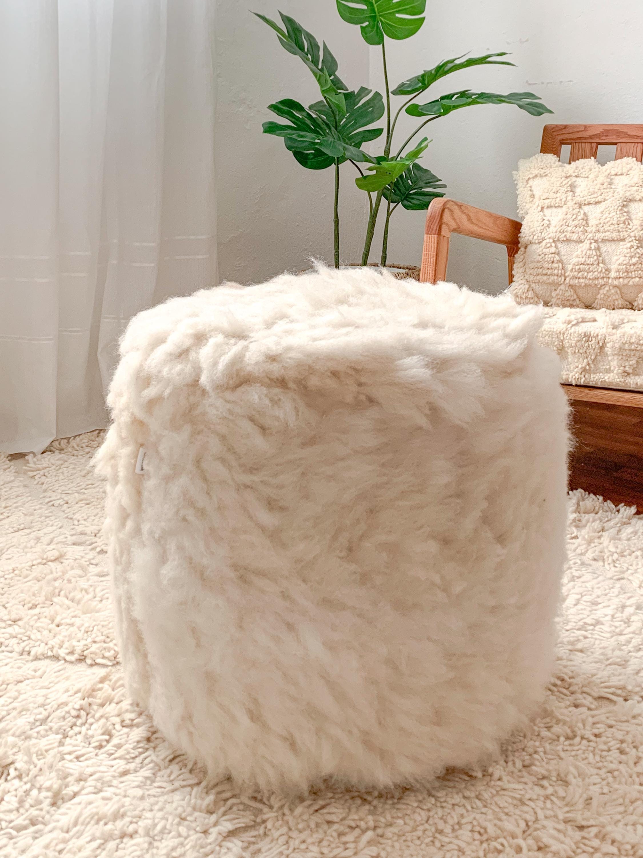Sheep Skin Moroccan Kilim Pouf Ottoman – Handmade Round Footstool ...