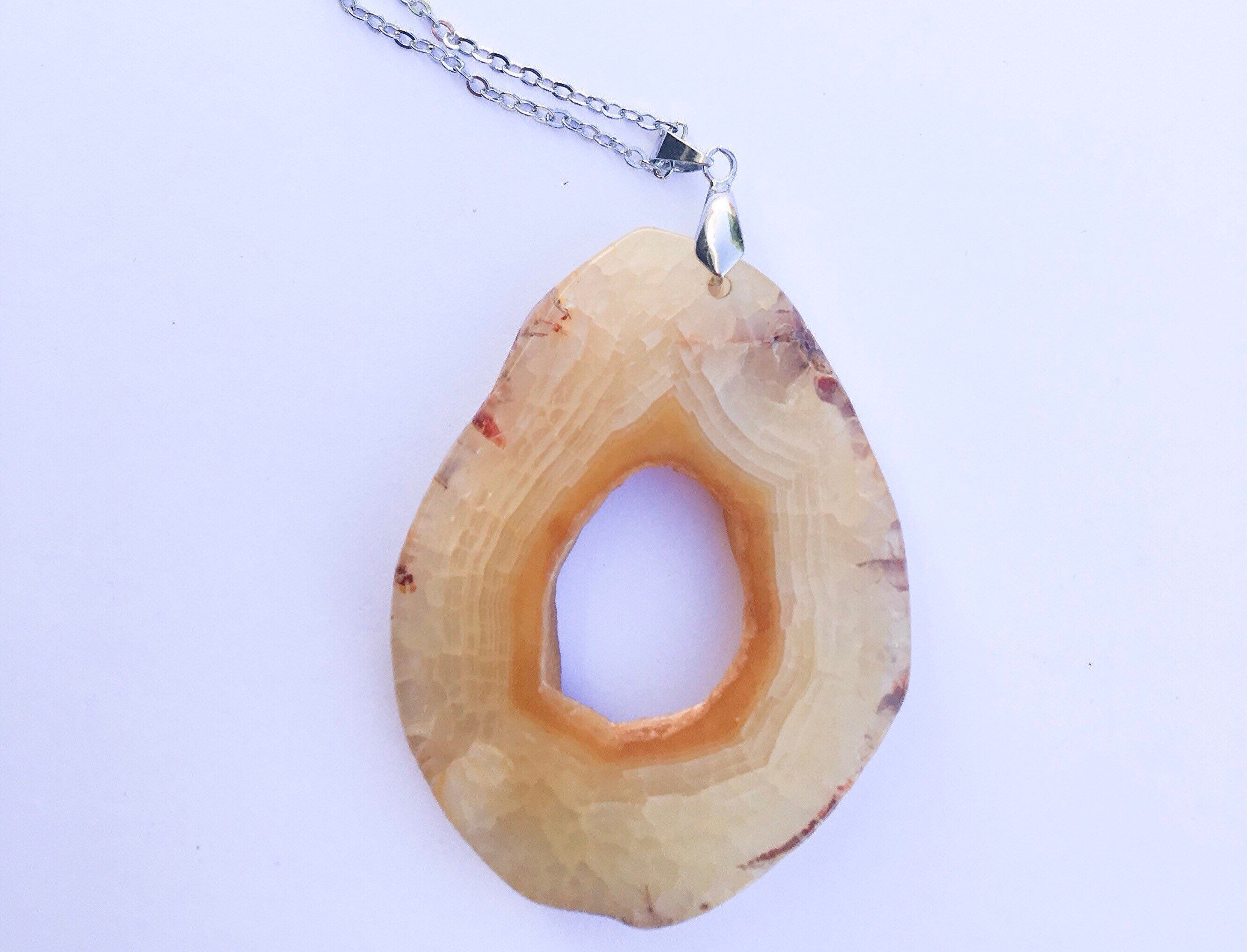 Unique Donut Shaped Yellow Natural Stone Pendant Necklace Silver Plated ...