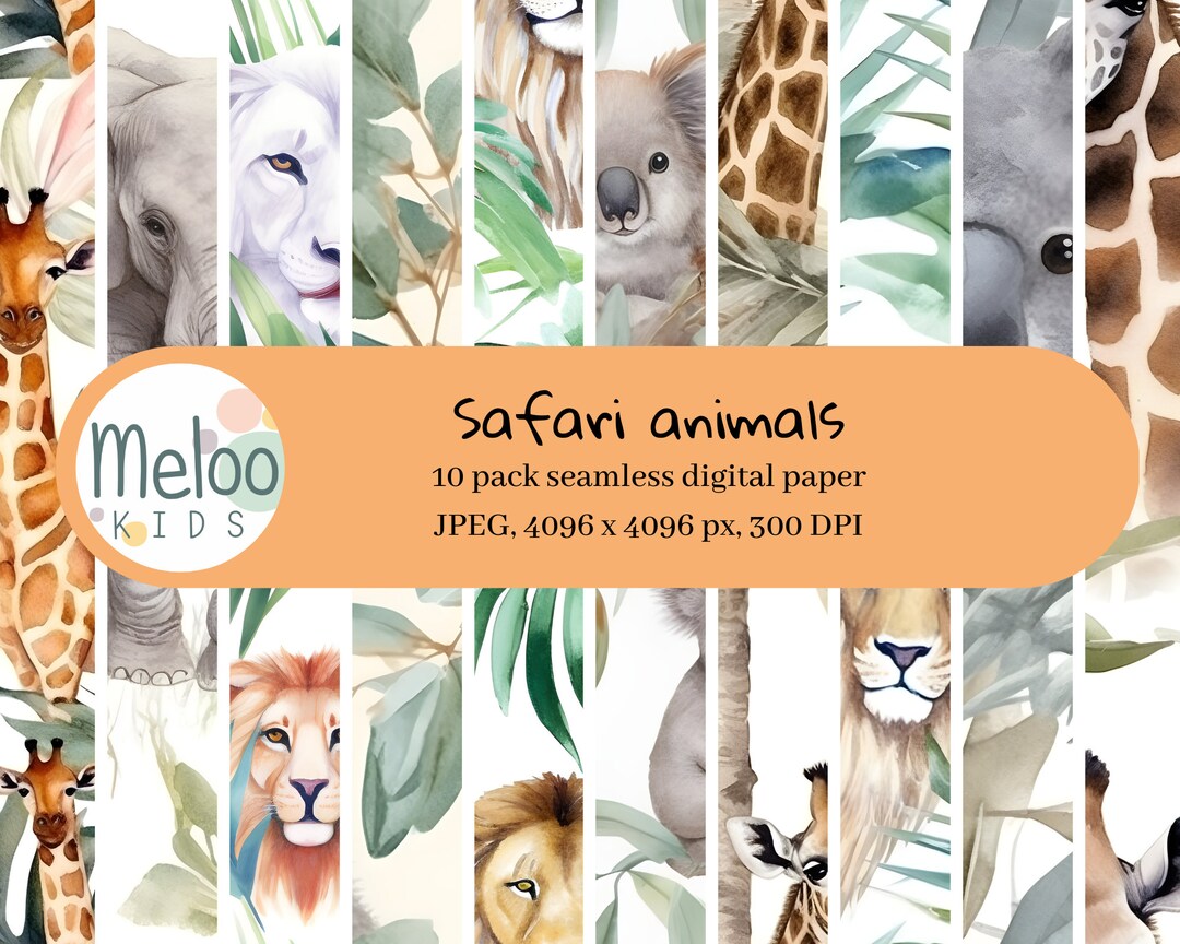 Safari Animals Watercolor Hand Painted Seamless Pattern, Printable ...