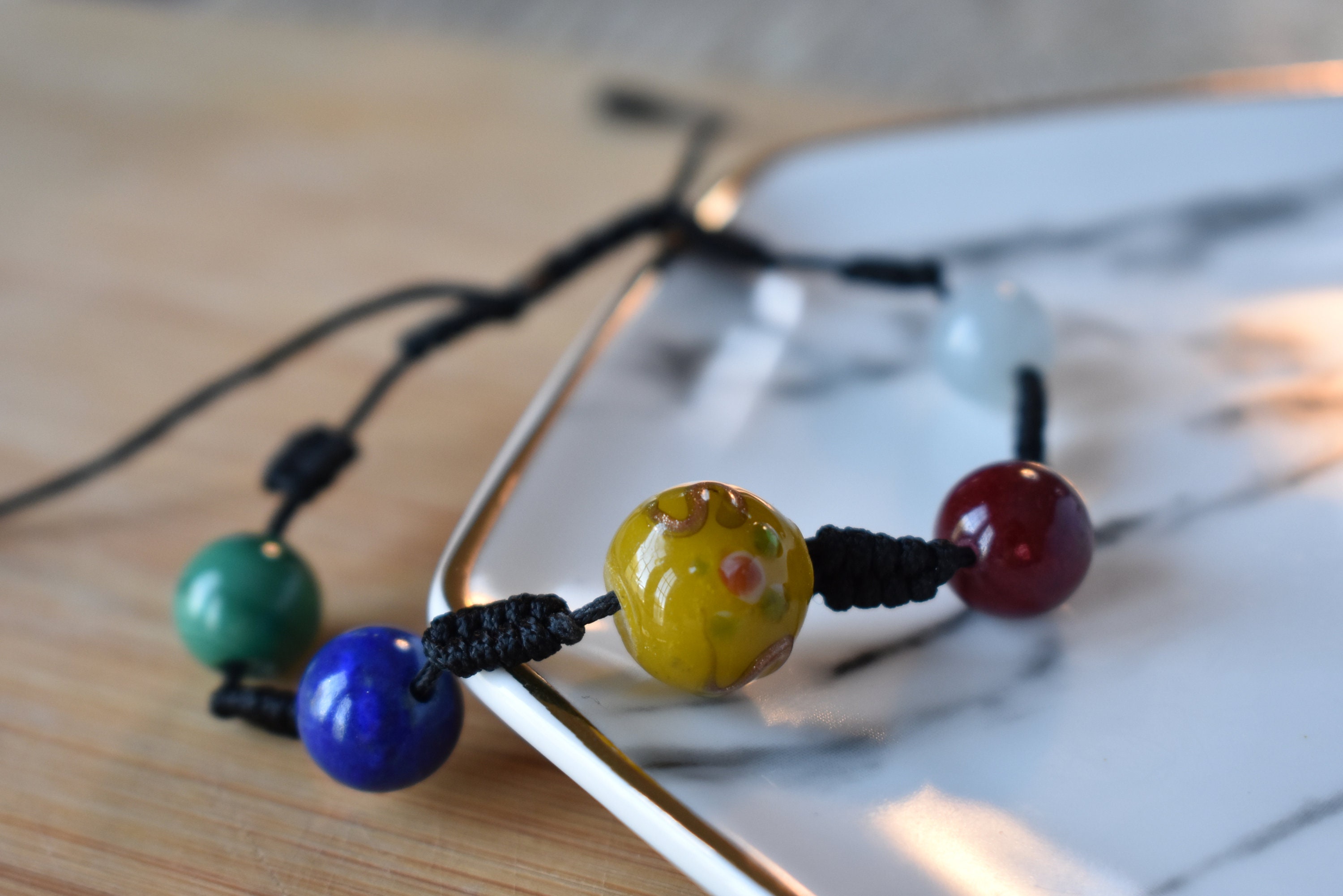 Multi-color Beads Bracelet With Black String (natural) - Etsy New Zealand
