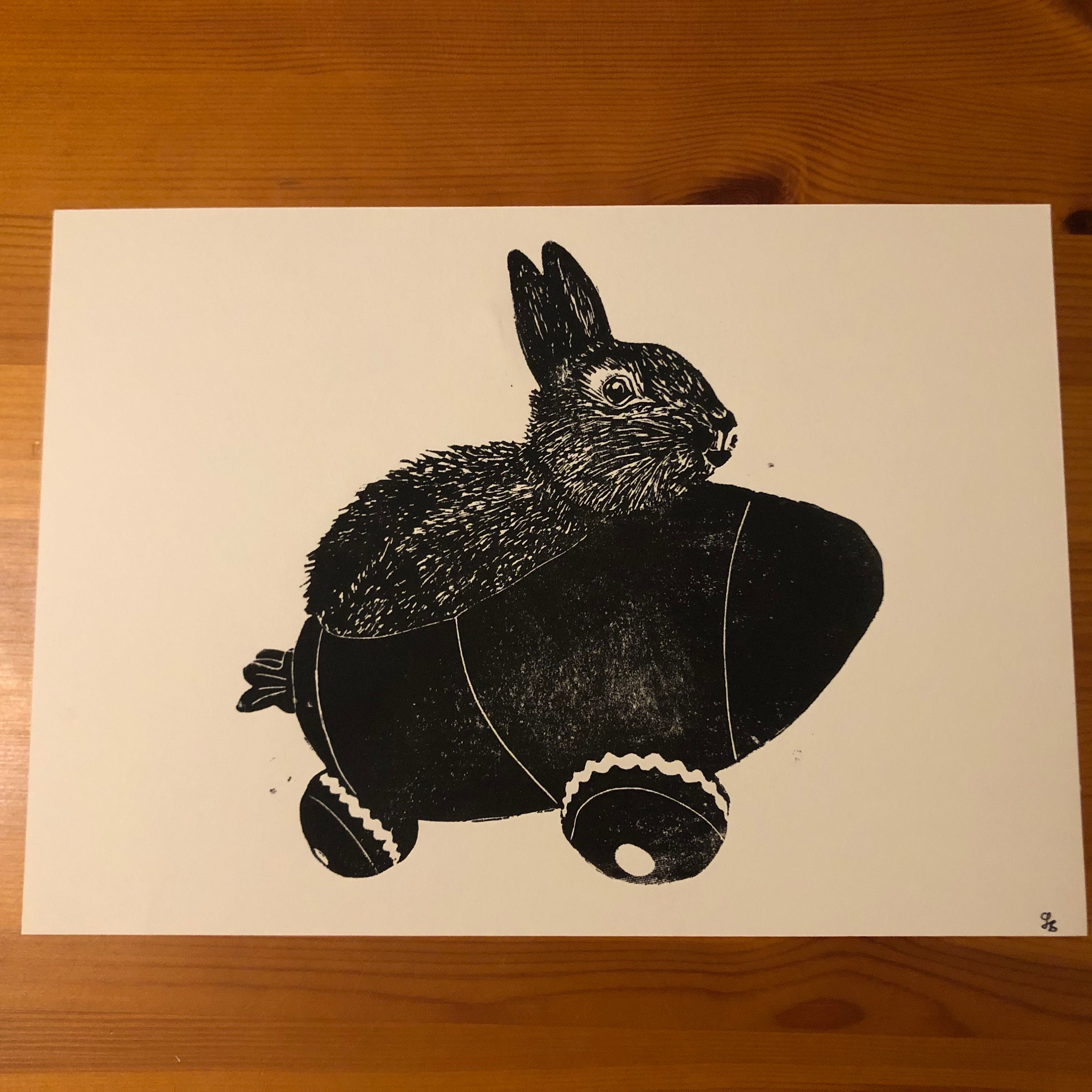 Linocut Bunny in Carrot Car / Linocut: Rabbit in a Carrot Car - Etsy