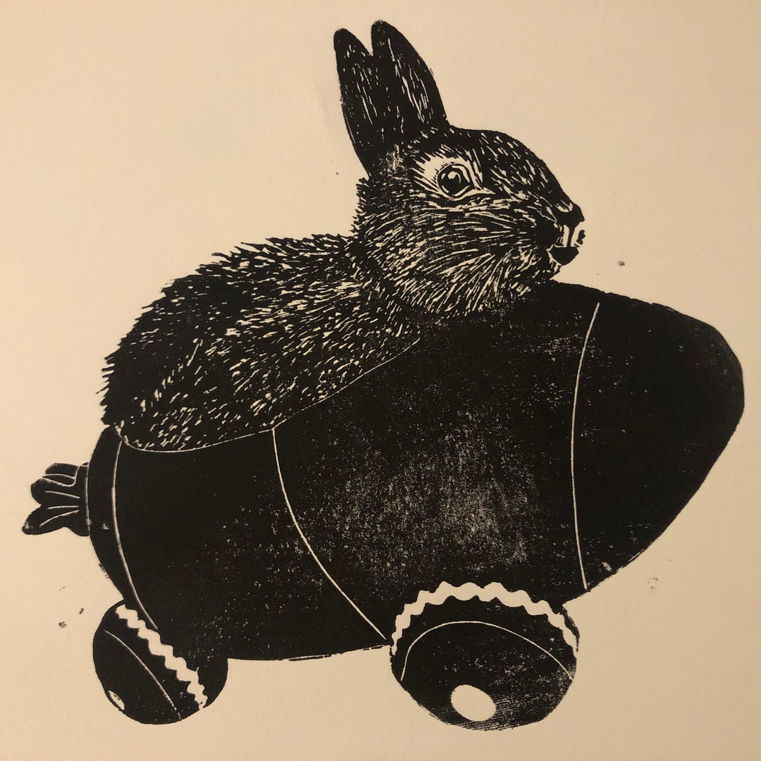Linocut Bunny in Carrot Car / Linocut: Rabbit in a Carrot Car - Etsy