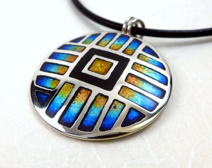 Champleve Enamel Pendant in Geometric Design With Blue Orange Black and ...